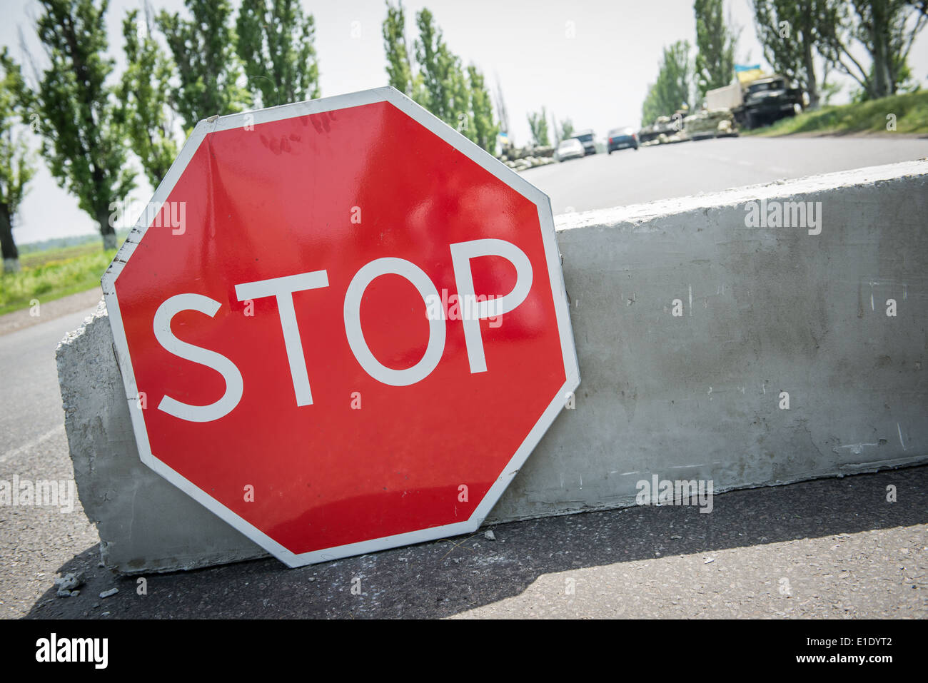 Ukrainian check point outside Donetsk city, check during 2014 conflict ...