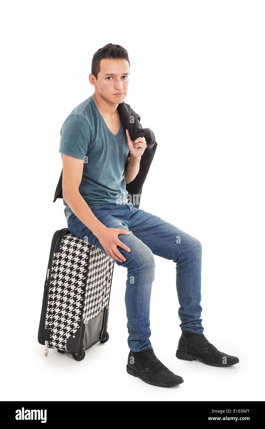 Man with luggage on a white background Stock Photo - Alamy