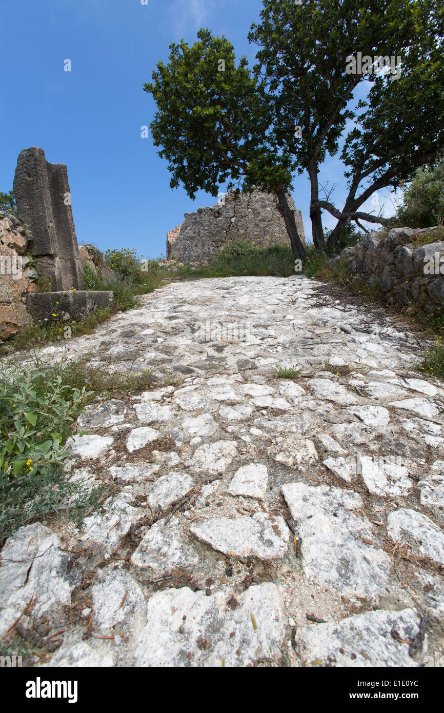 Village of Assos, Kefalonia. Crumbled ruins within Assos Castle Stock ...