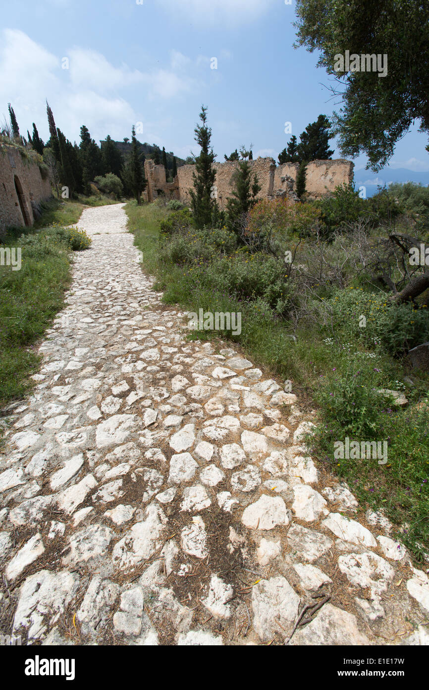 Village of Assos, Kefalonia. Crumbled ruins within Assos Castle Stock ...