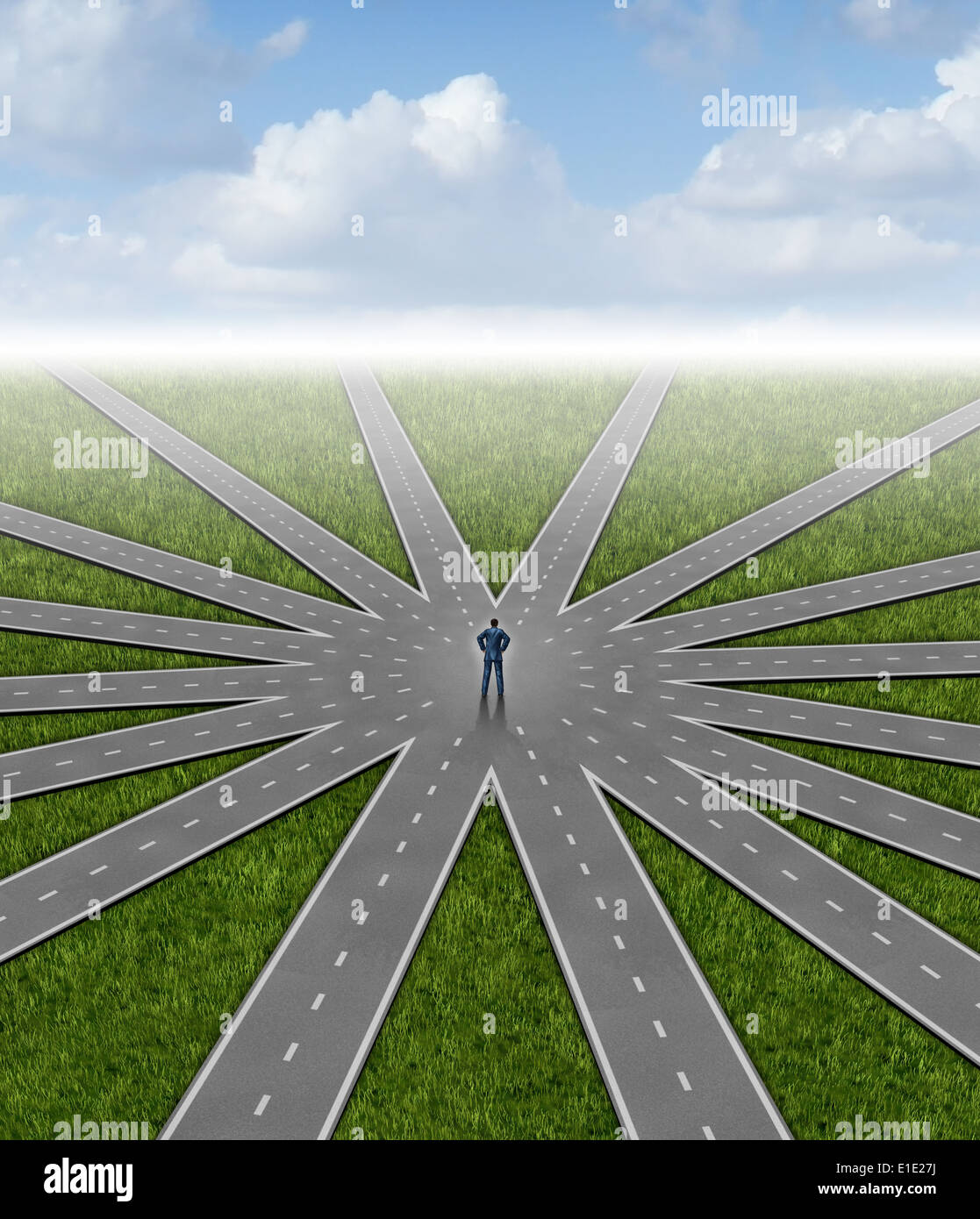 Direction choices and career decisions with a businessman standing in ...