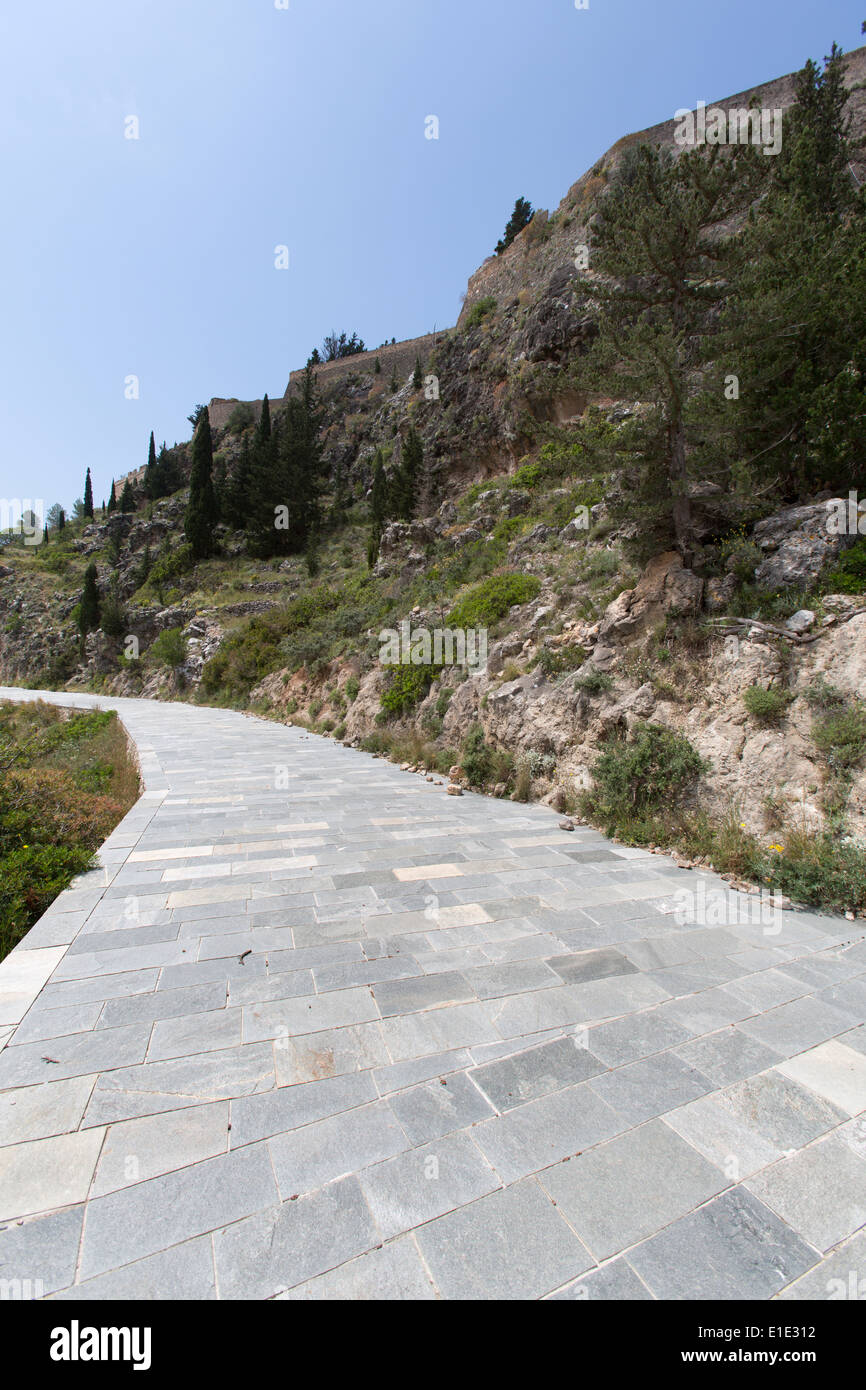 Village of Assos, Kefalonia. Path leading from Assos Castle with the ...