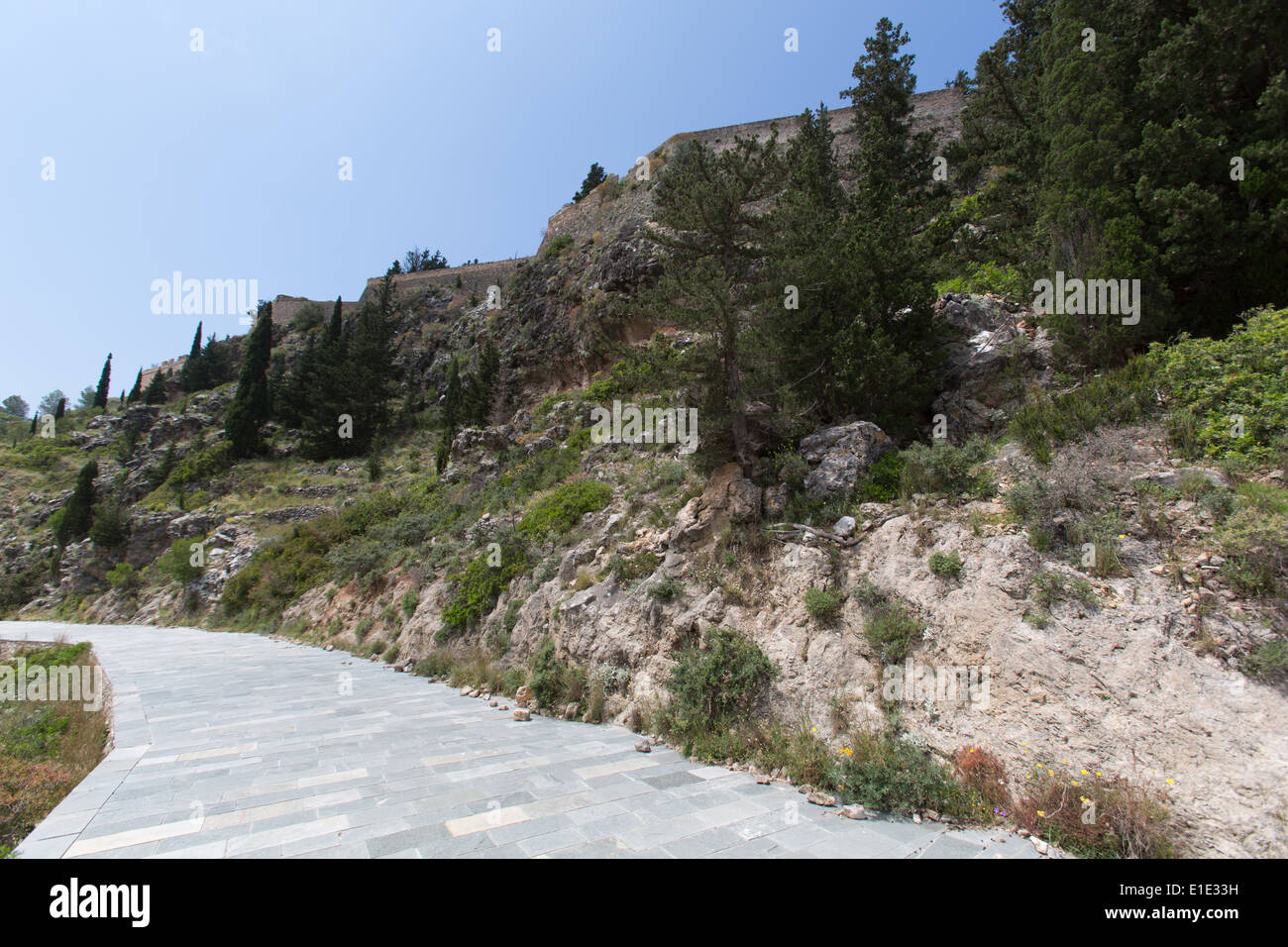 Village of Assos, Kefalonia. Path leading from Assos Castle with the ...
