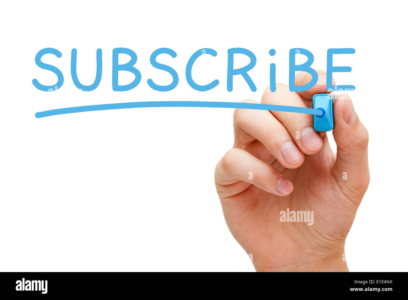 Hand writing Subscribe with blue marker on transparent wipe board Stock ...