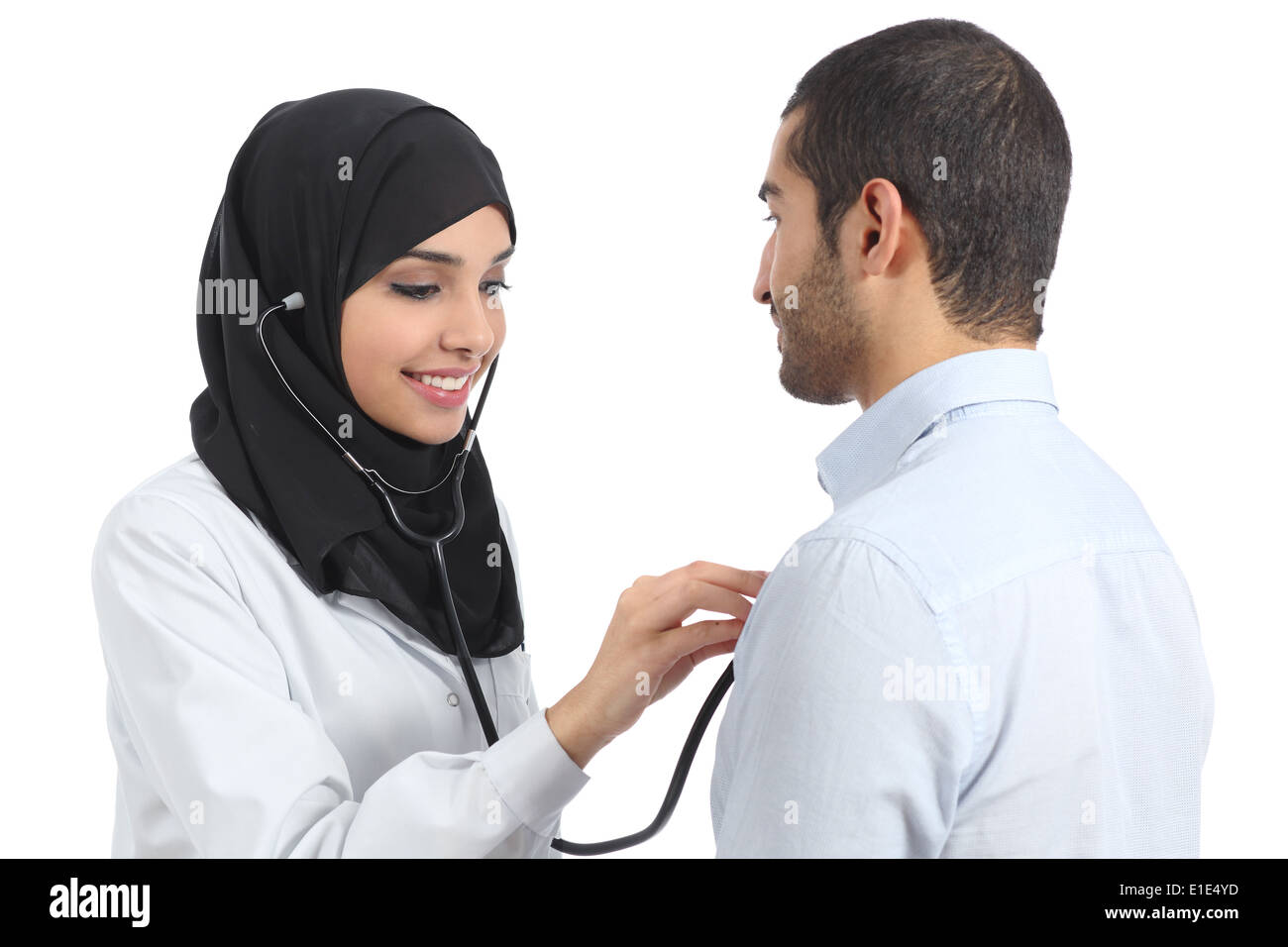 Arab saudi doctor woman examining patient isolated on a white ...