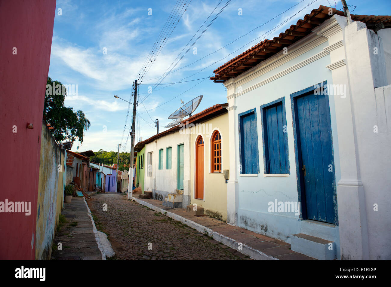 Traditional Brazilian Portuguese colonial architecture on a cobblestone ...