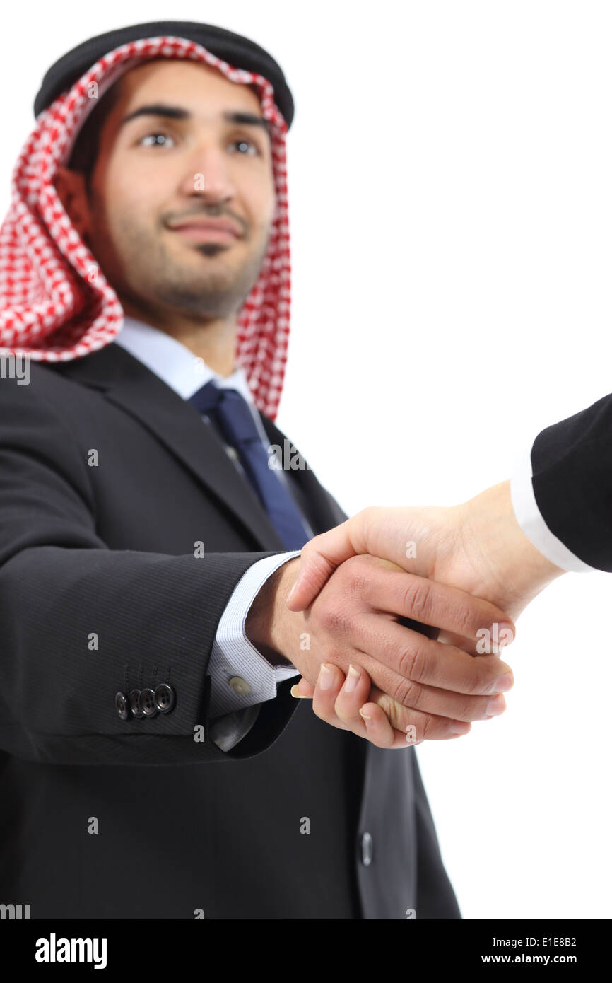 Arab saudi emirates business man handshaking isolated on a white ...