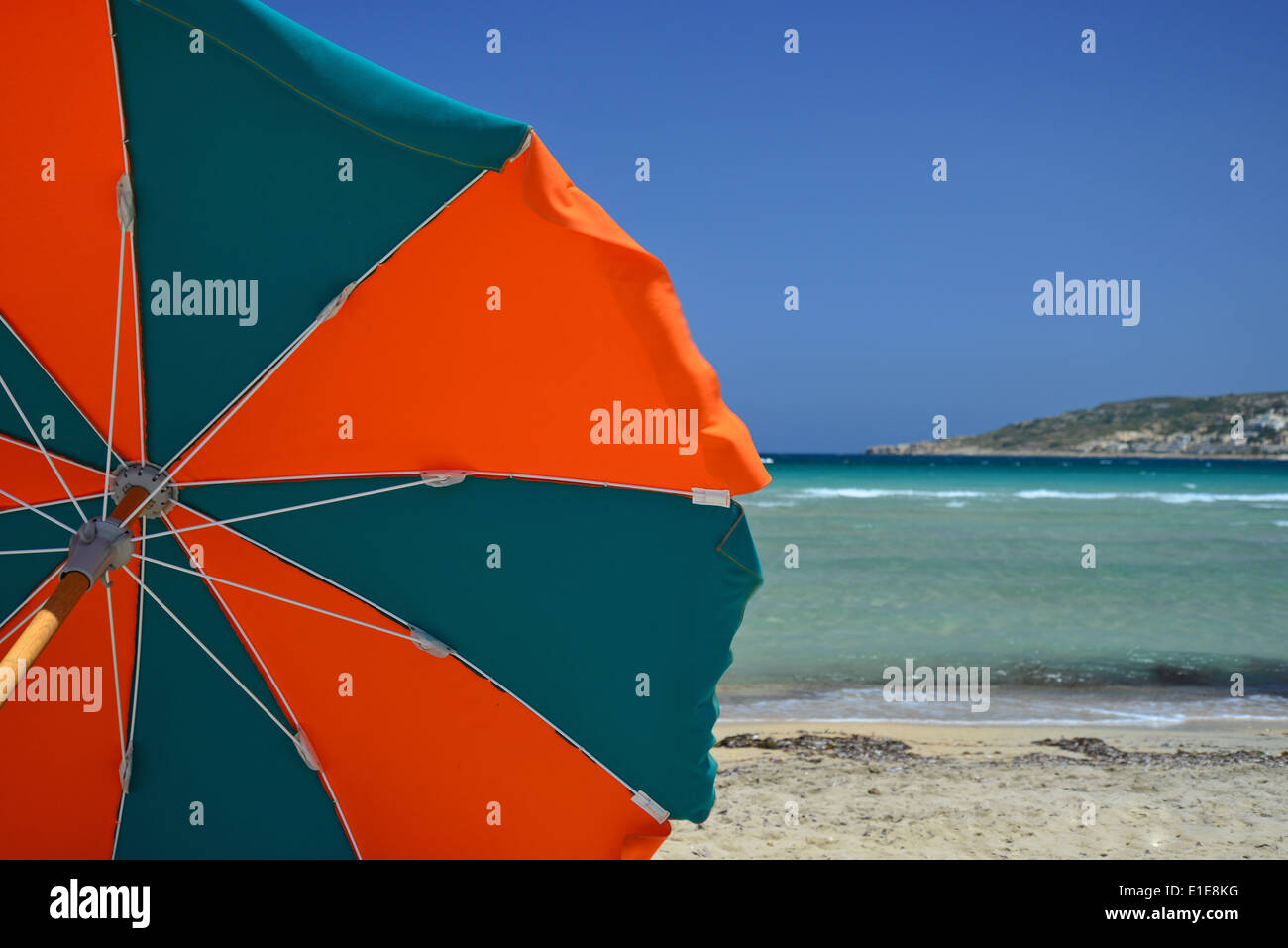 Parasol on beach, Ghadira Bay, Mellieħa (il-Mellieħa), Northern ...