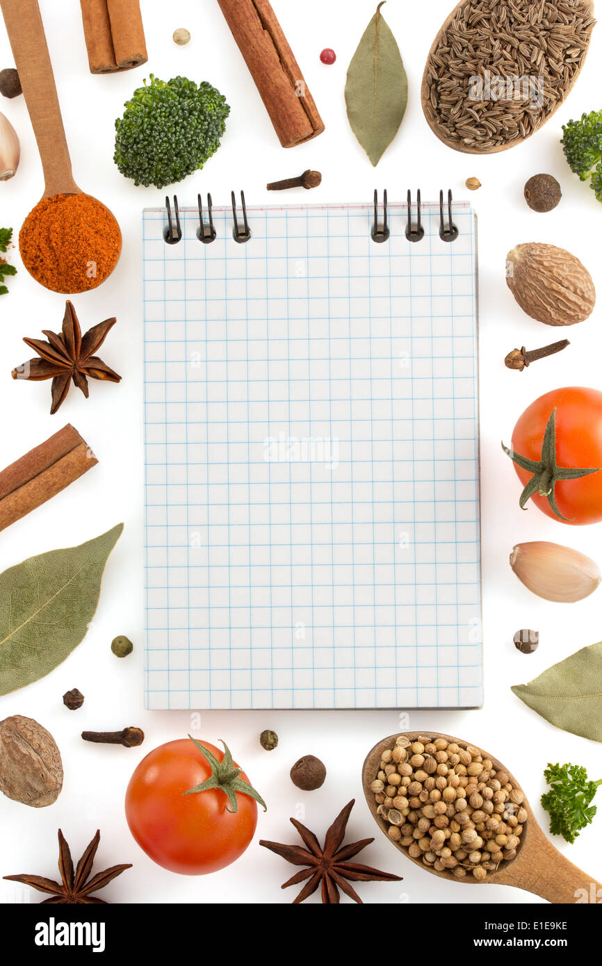 food ingredients and paper isolated on white background Stock Photo - Alamy