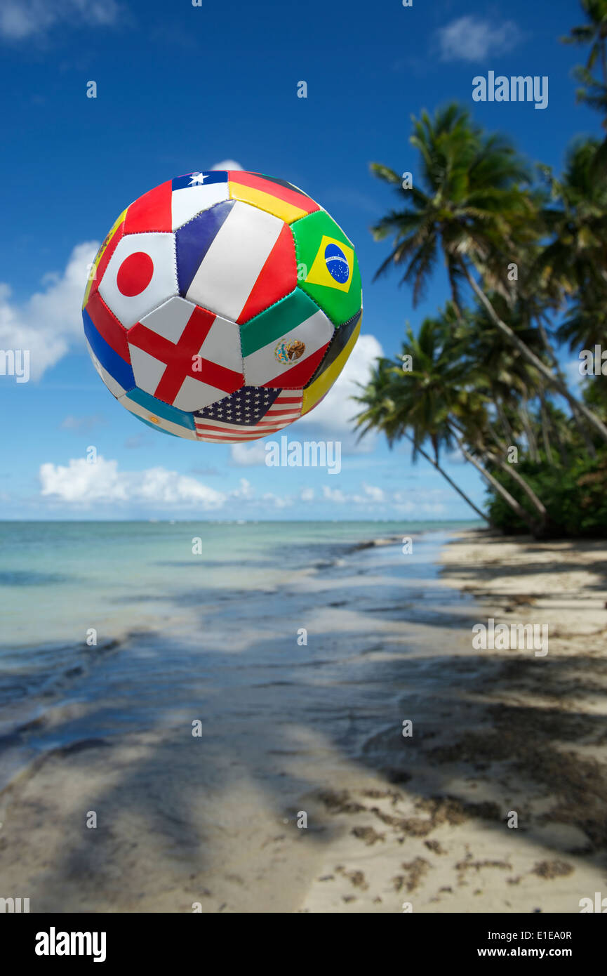 International flag soccer ball football flying in the sky over tropical ...