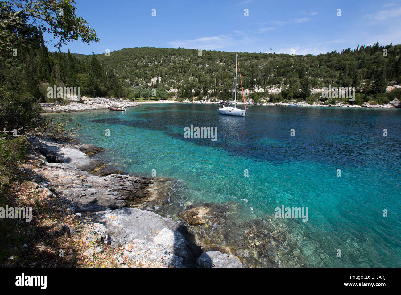 Village of Fiskardo, Kefalonia. Picturesque view of the beach at Foki ...