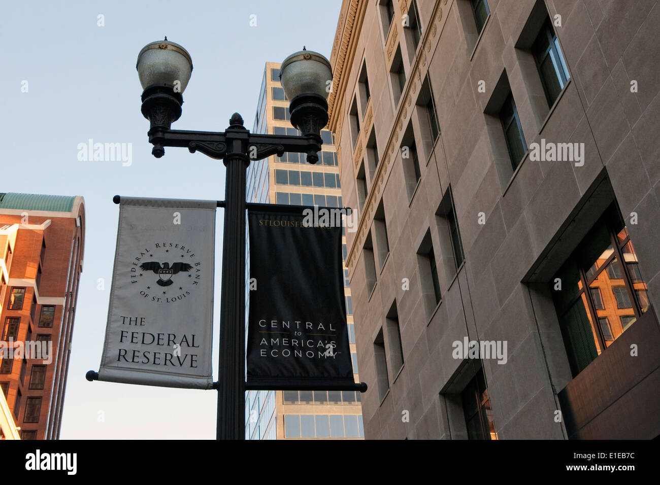 Federal Reserve signs are seen near the building of the Federal Reserve ...