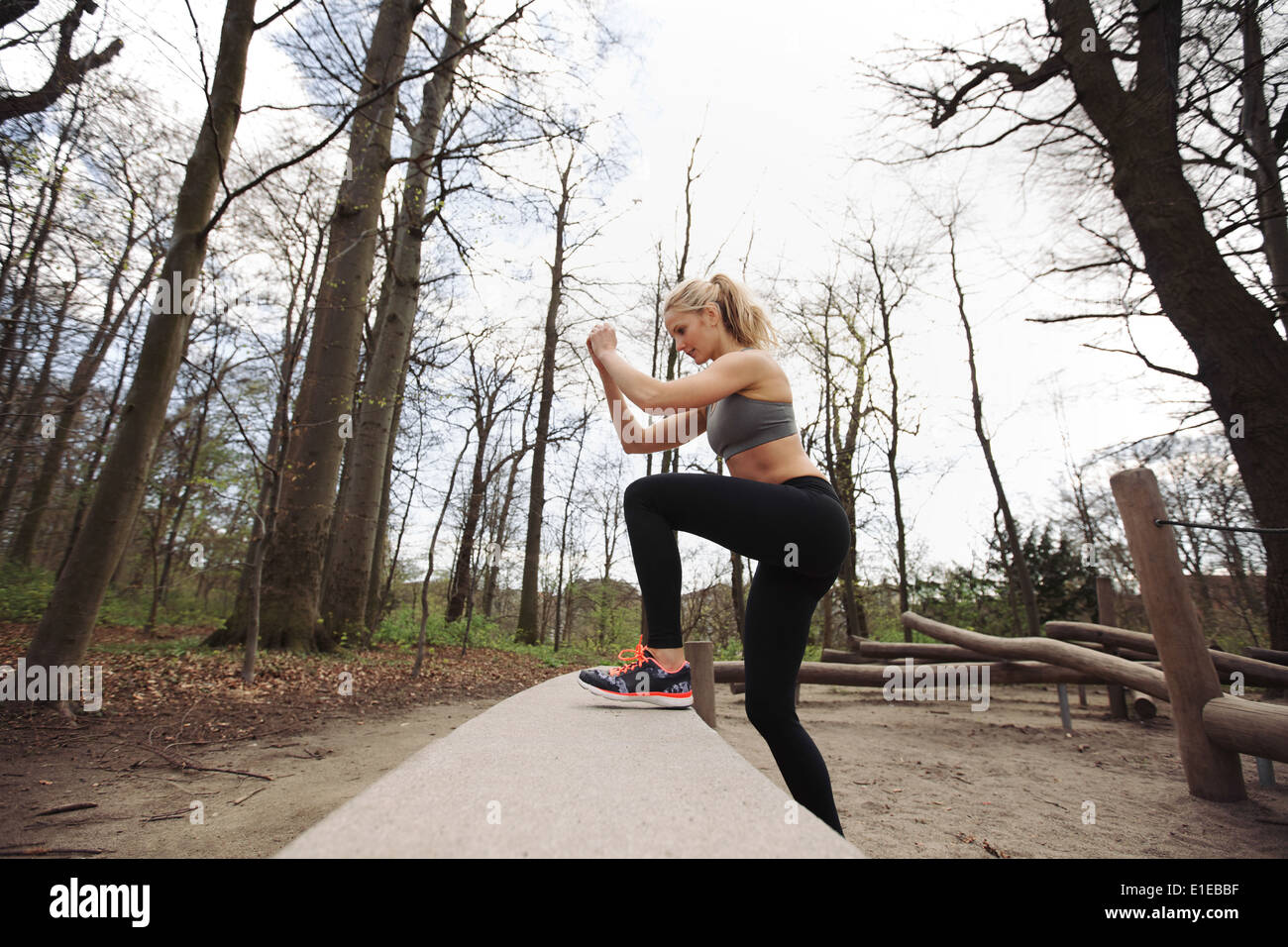 Fitness woman doing stepping up exercise in forest. Caucasian female ...