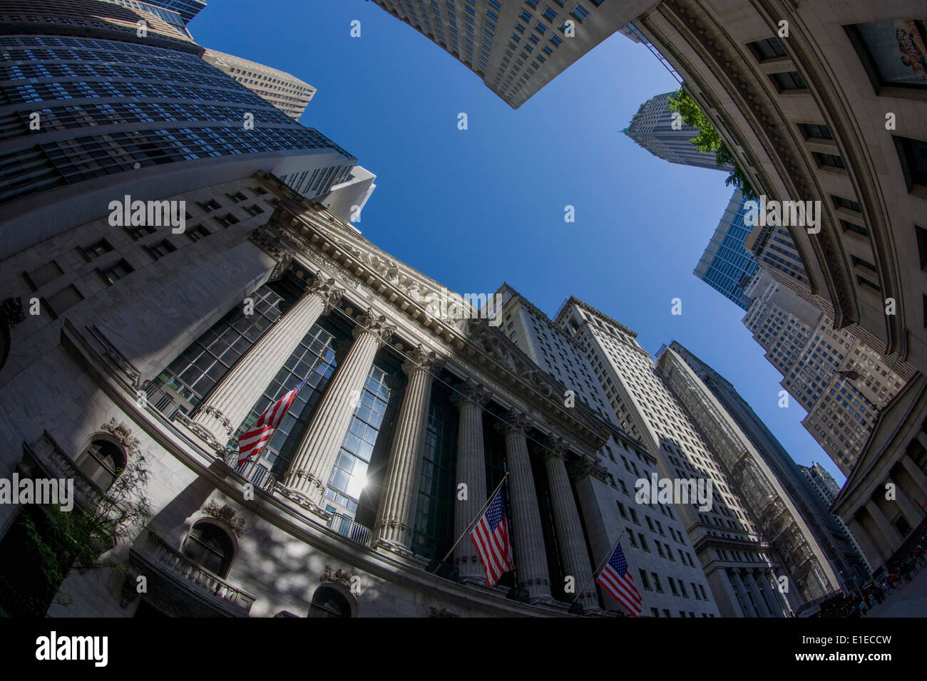 Distorted fish-eye lens view of the New York Stock Exchange (NYSE) on ...