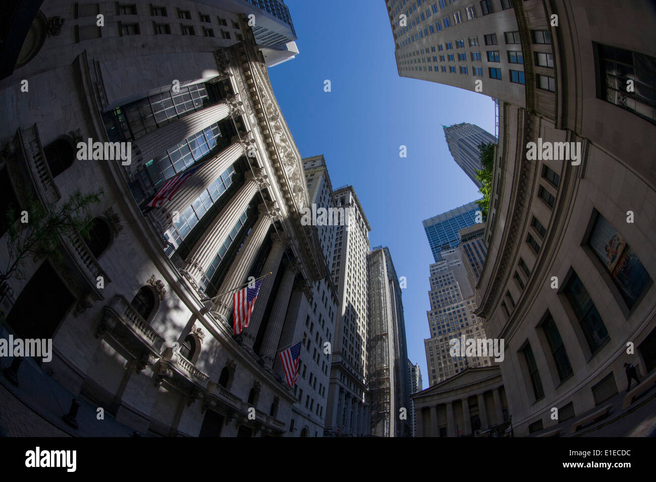 Distorted fish-eye lens view of the New York Stock Exchange (NYSE) on ...