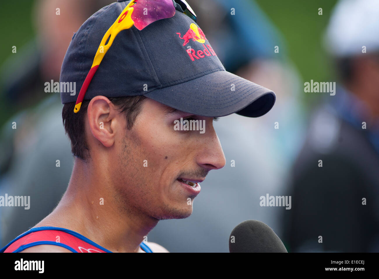 Mario Mola (ESP), winner of the Elite Mens Triathlon, post race ...