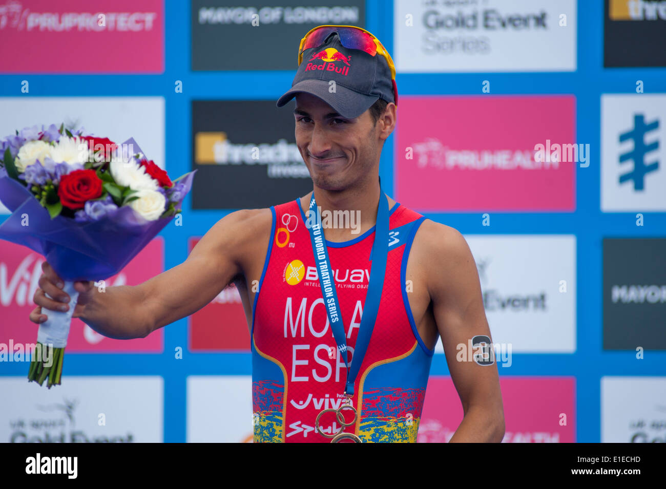 Mario Mola (ESP), winner of the Elite Mens Triathlon on the podium at ...