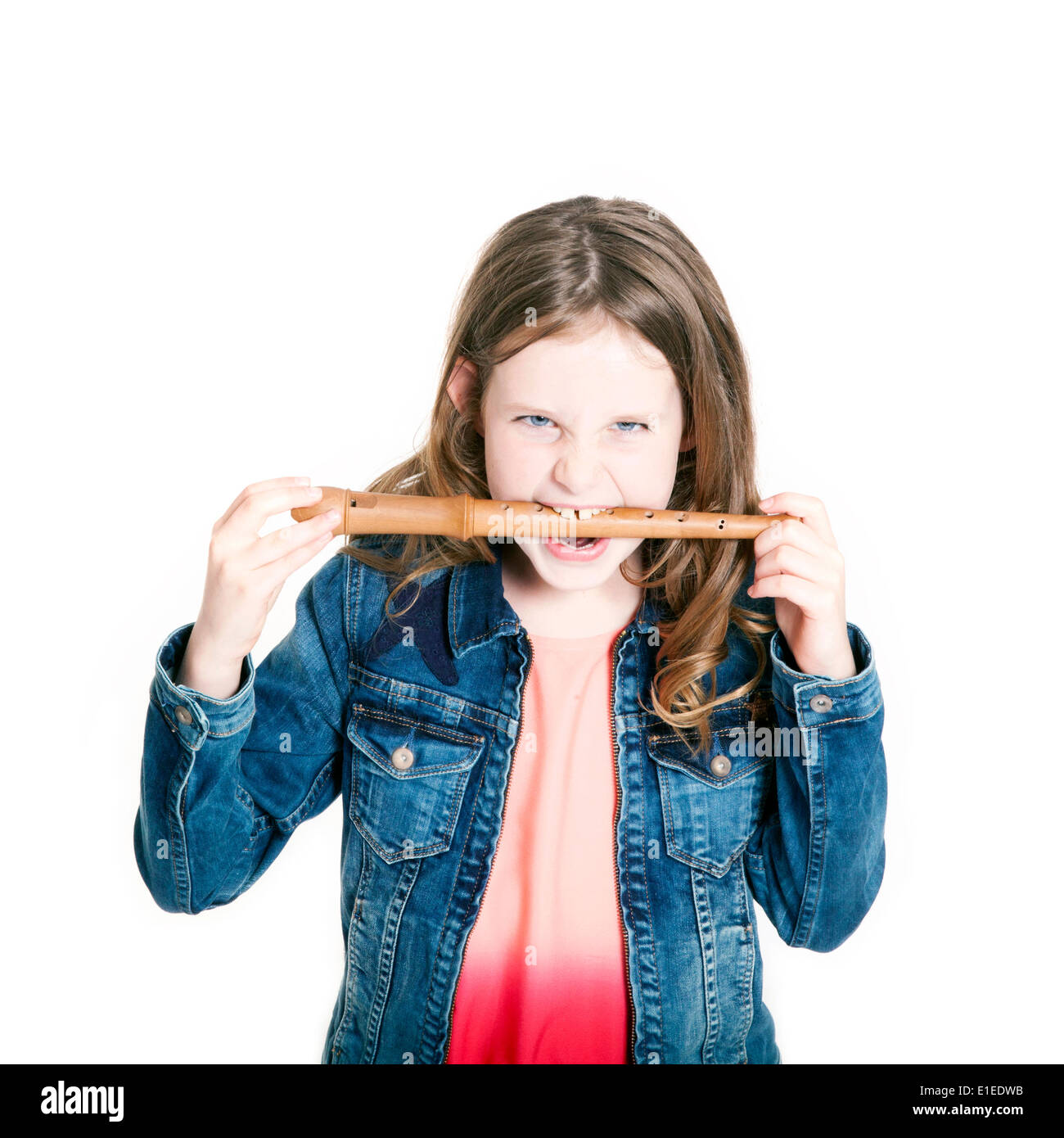 young girl with soprano recorder and white background Stock Photo - Alamy