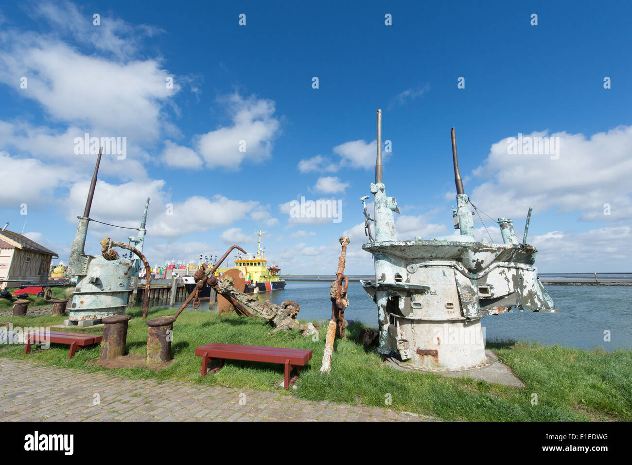 Parts of old submarine boats in harbor on Dutch wadden island ...