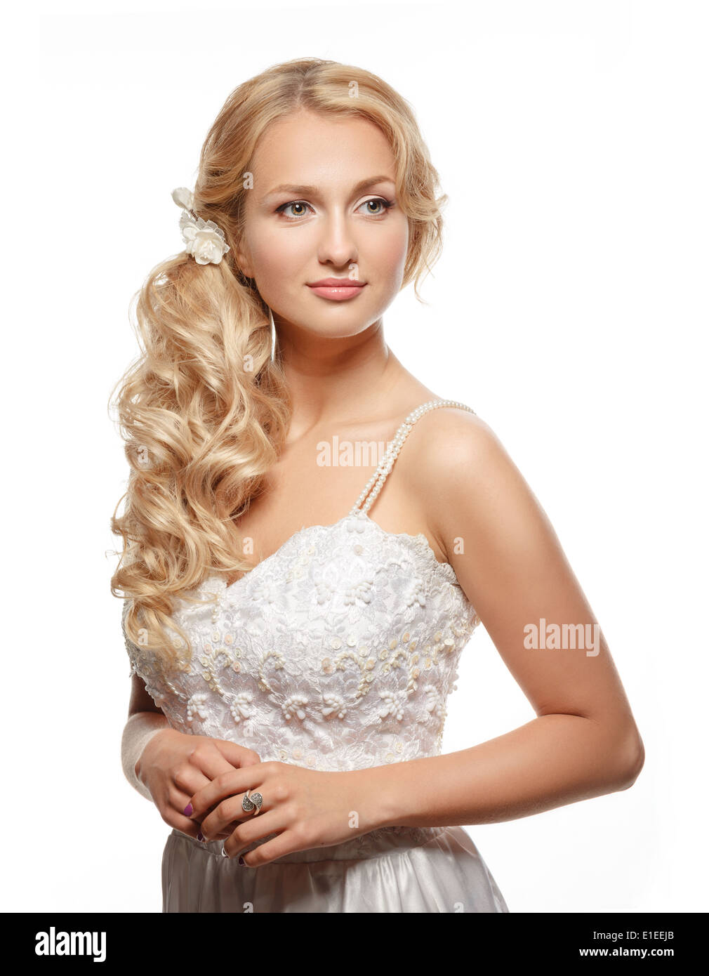 Beautiful Woman With Long Hair Wearing Luxurious Wedding Dress Isolated
