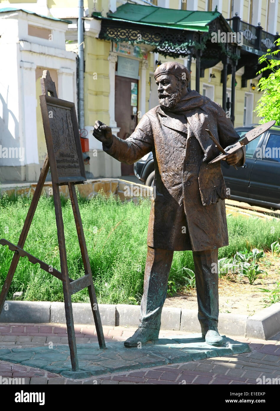 Sculpture artist Konstantin Makovsky with easel for painting work Minin ...