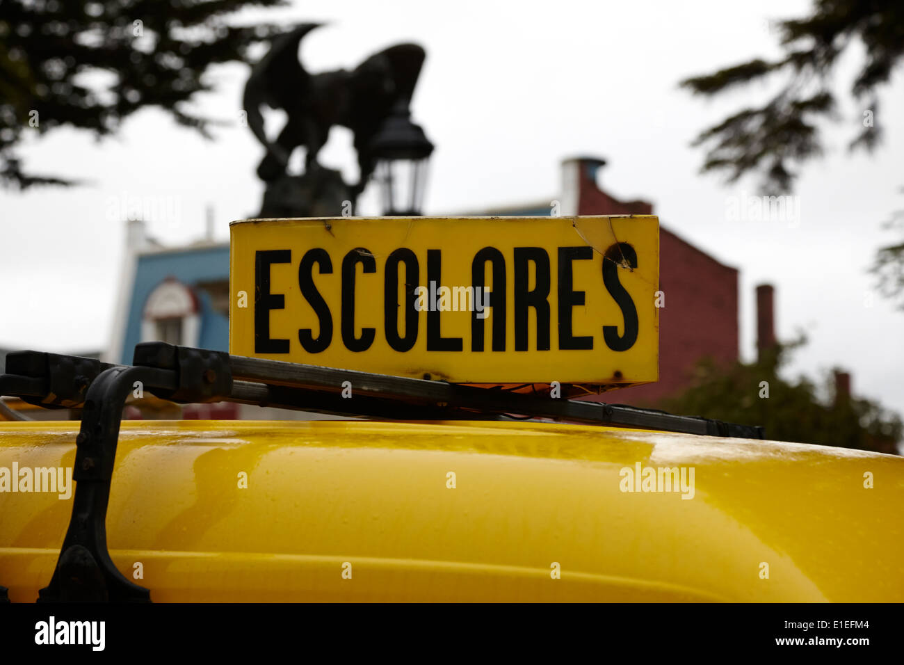 yellow school minibusses parked outside school in Punta Arenas Chile ...