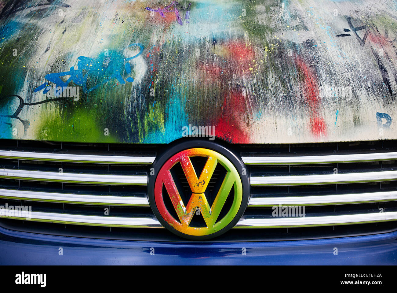 Multicoloured painted vw campervan bonnet and badge abstract Stock ...