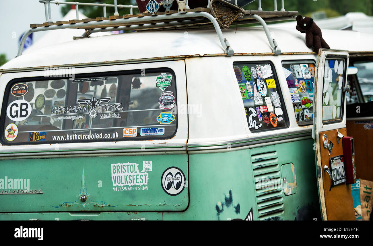 VW Volkswagen camper van covered in stickers at a VW show. England ...