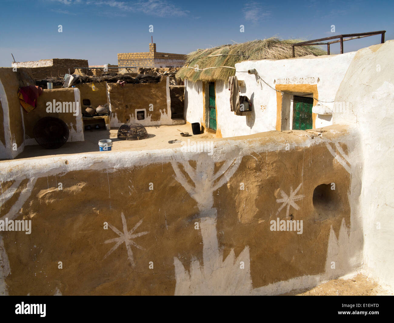 India, Rajasthan, Jaisalmer, painted walls of Thar Desert house ...