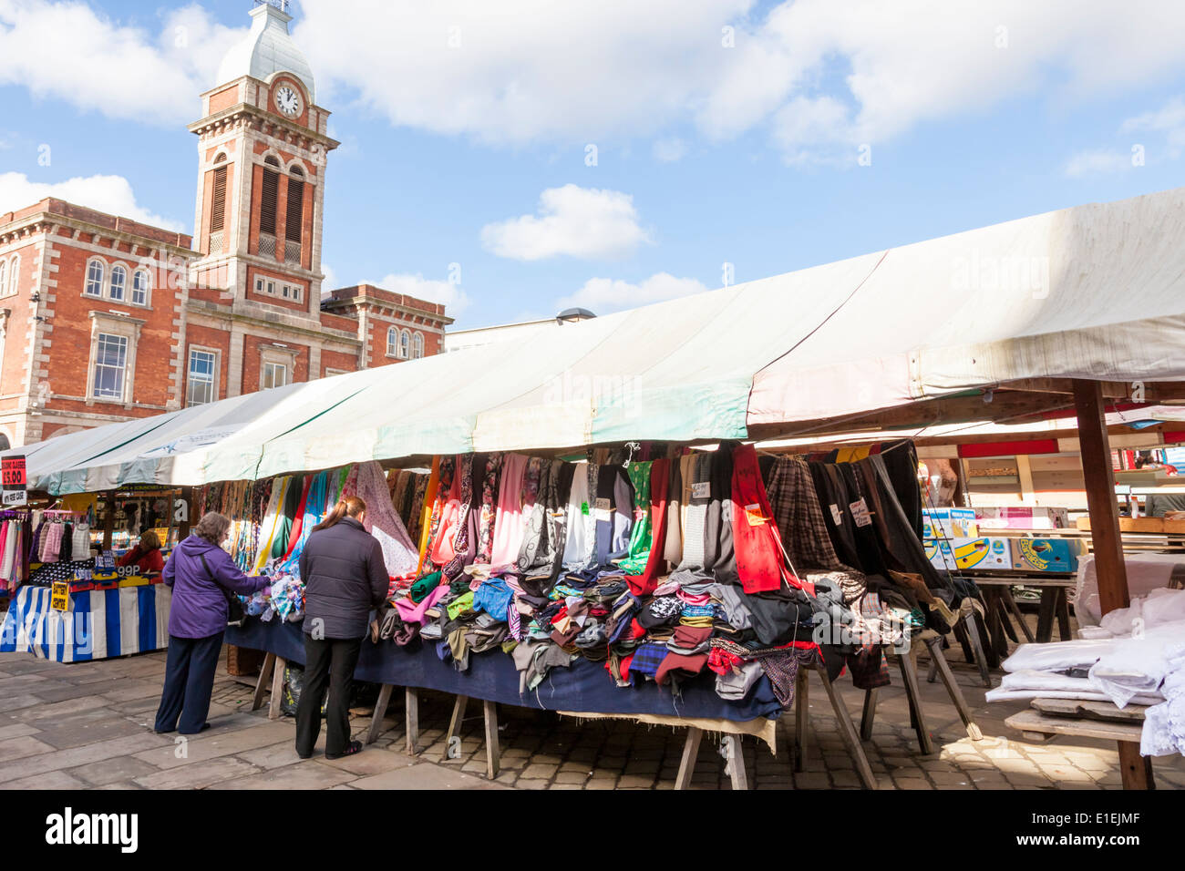 People shopping at an outdoor haberdashery market stall, Chesterfield ...