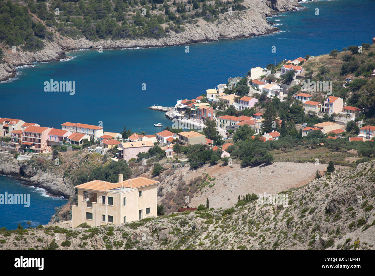 Village of Assos, Kefalonia. Picturesque elevated view of the village ...