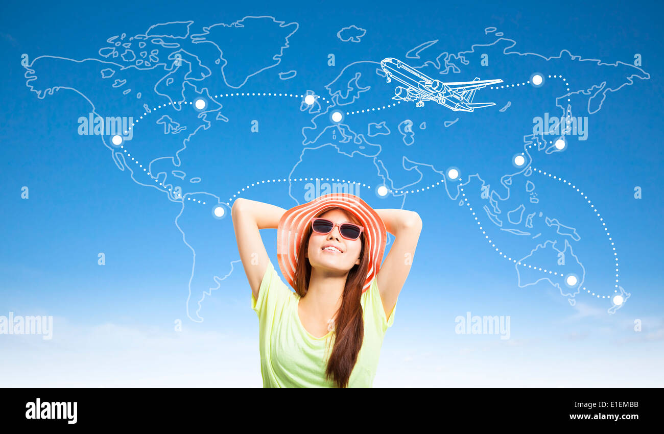 sunny woman backpacker thinking her travel worldwide plan Stock Photo ...