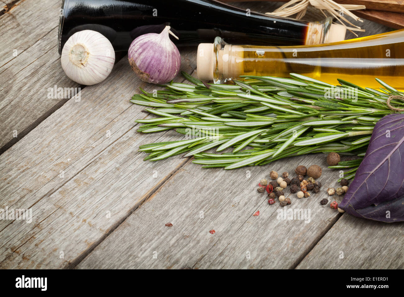 Herbs, spices and seasoning on wooden table background with copy space ...