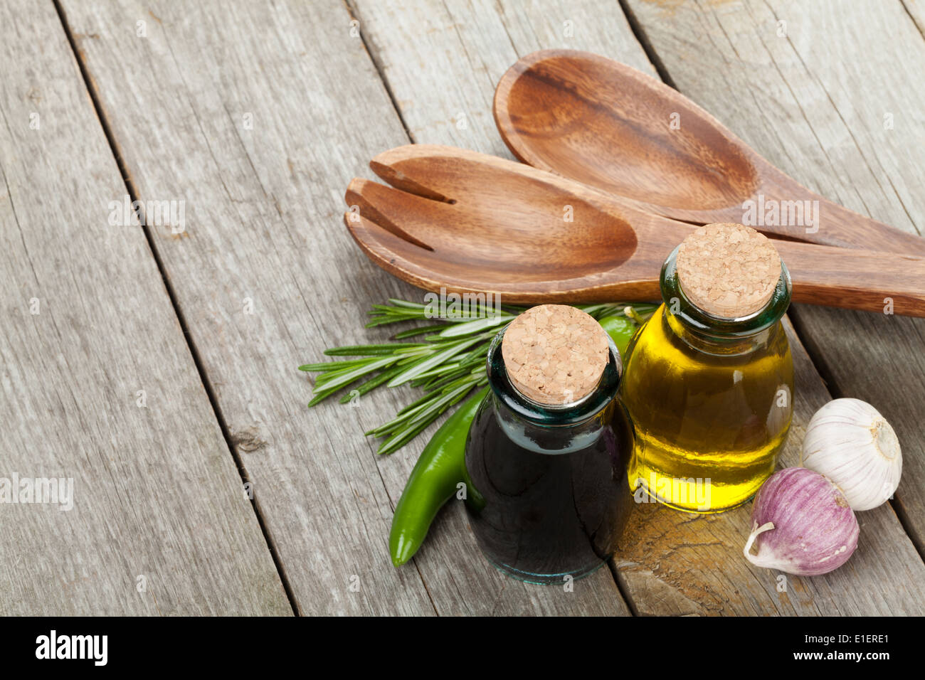 Herbs, spices and seasoning on wooden table background with copy space ...