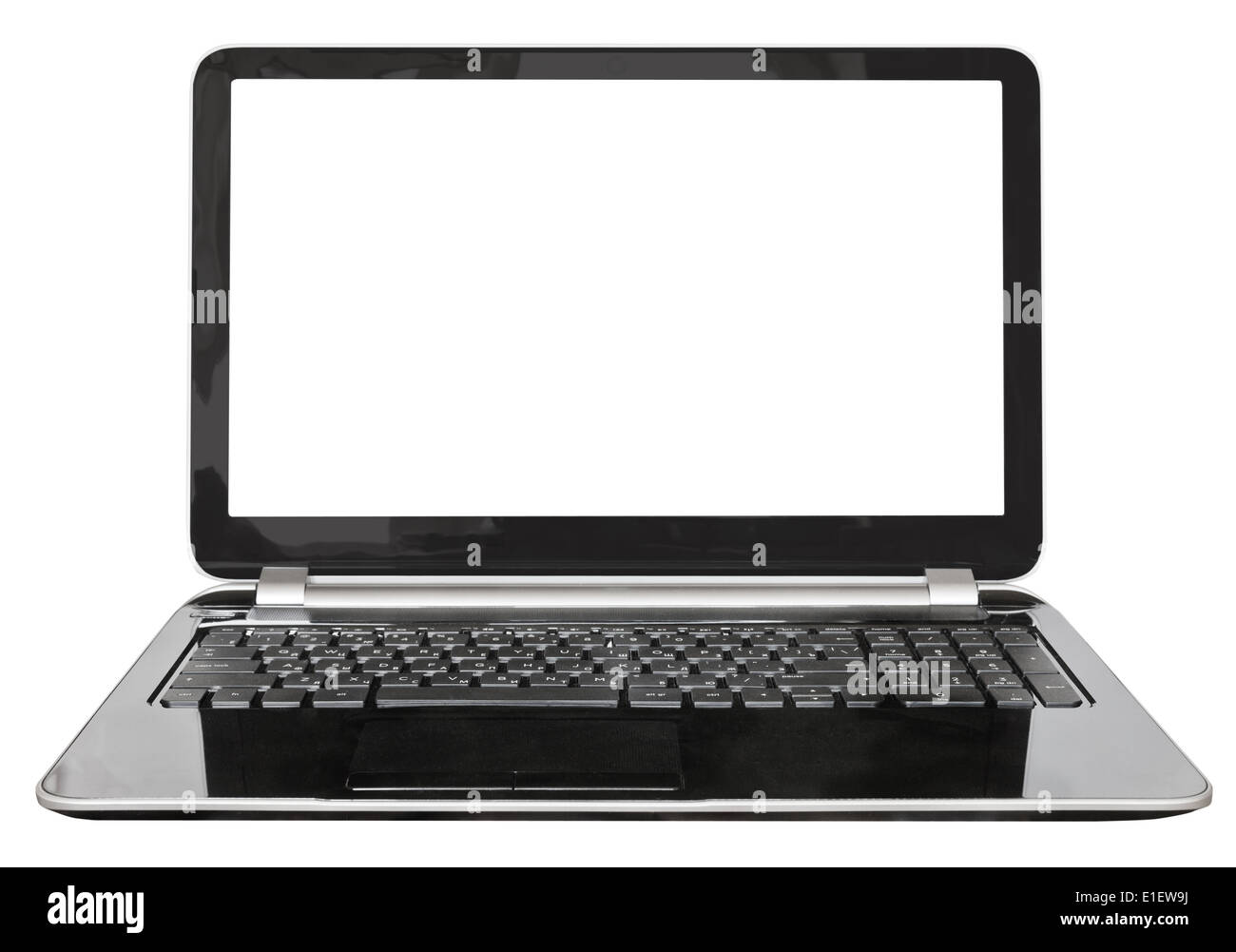 front view of portable computer with cut out screen isolated on white ...