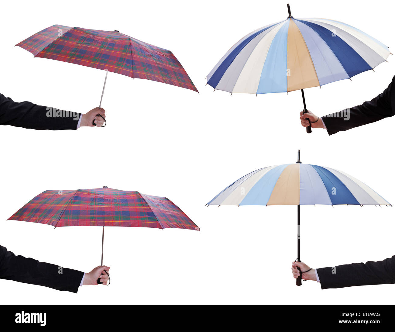 set of male hands with open telescopic umbrellas isolated on white ...