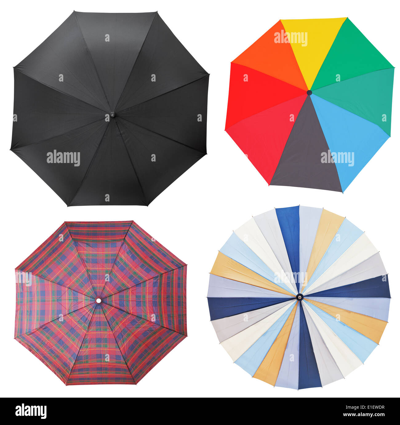top view of four different open umbrellas isolated on white background ...