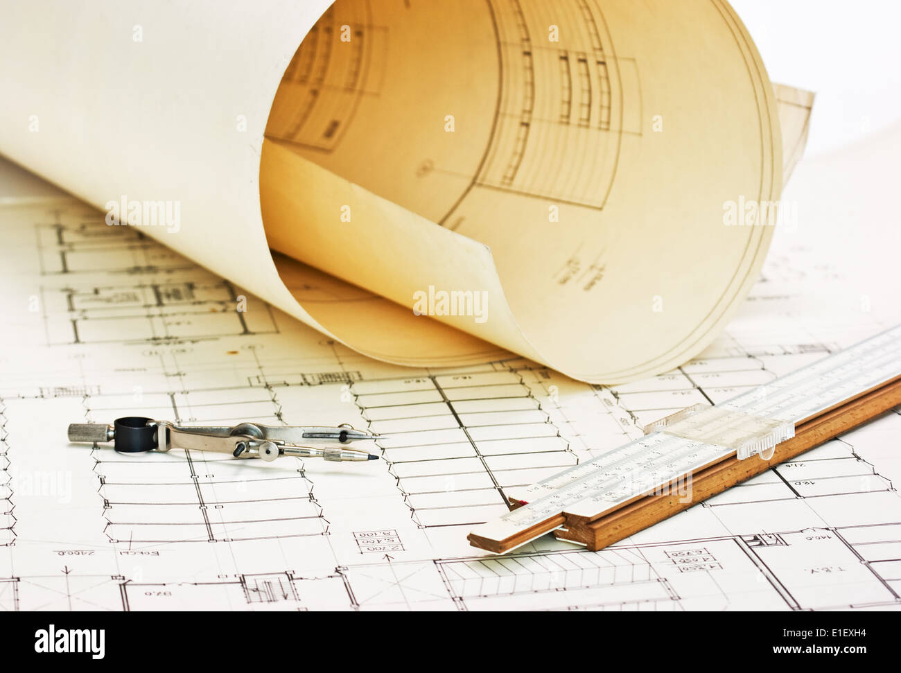 Old architectural drawing with a ruler and compass Stock Photo - Alamy