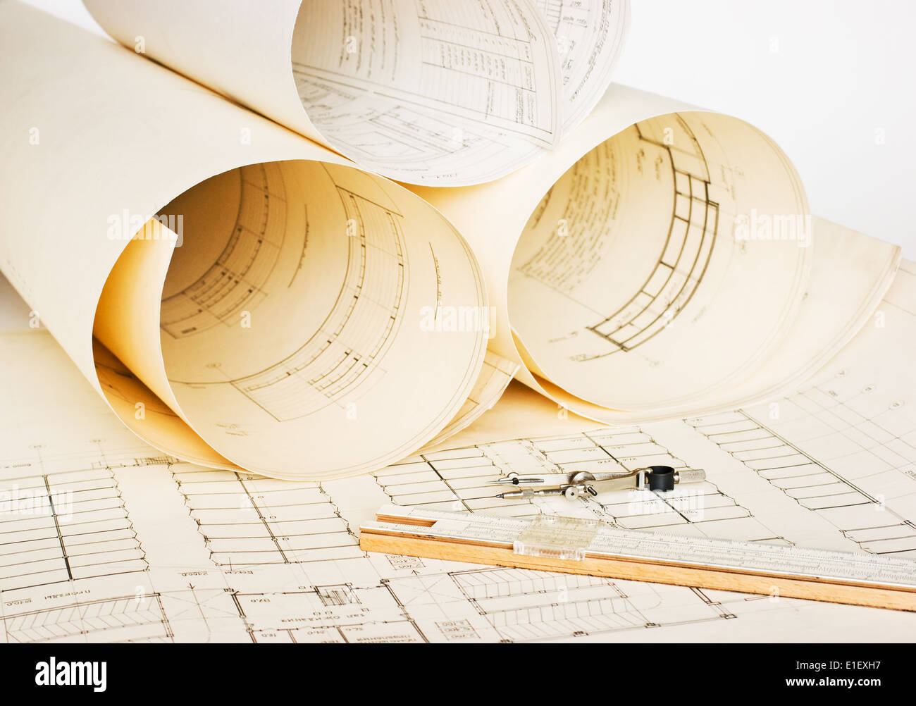 Old architectural drawing with a ruler and compass Stock Photo - Alamy