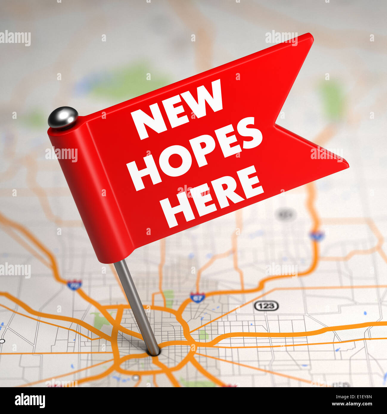 New Hopes Here Concept - Small Flag on a Map Background with Selective ...