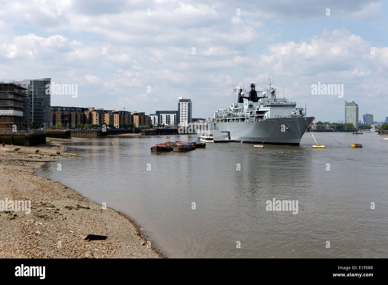 HMS Bulwark of the Royal Navy moored on the river Thames at Greenwich ...