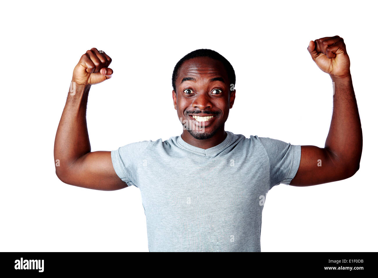 Portrait of african man with raised hands over white background Stock ...