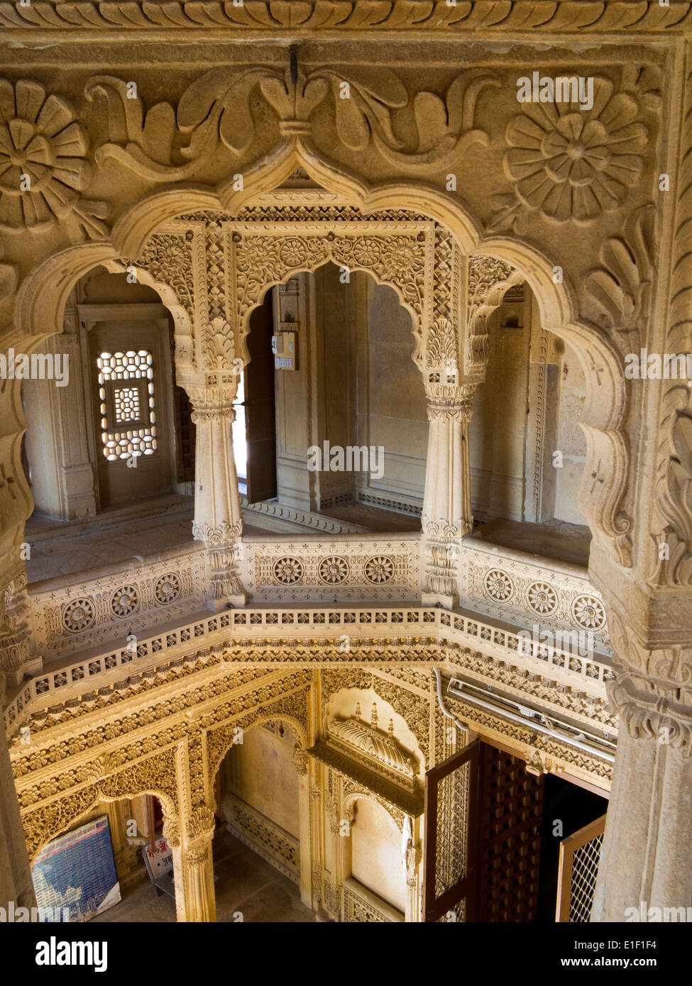 India, Rajasthan, Jaisalmer, Lodurva, Amar Sagar Jain temple interior ...