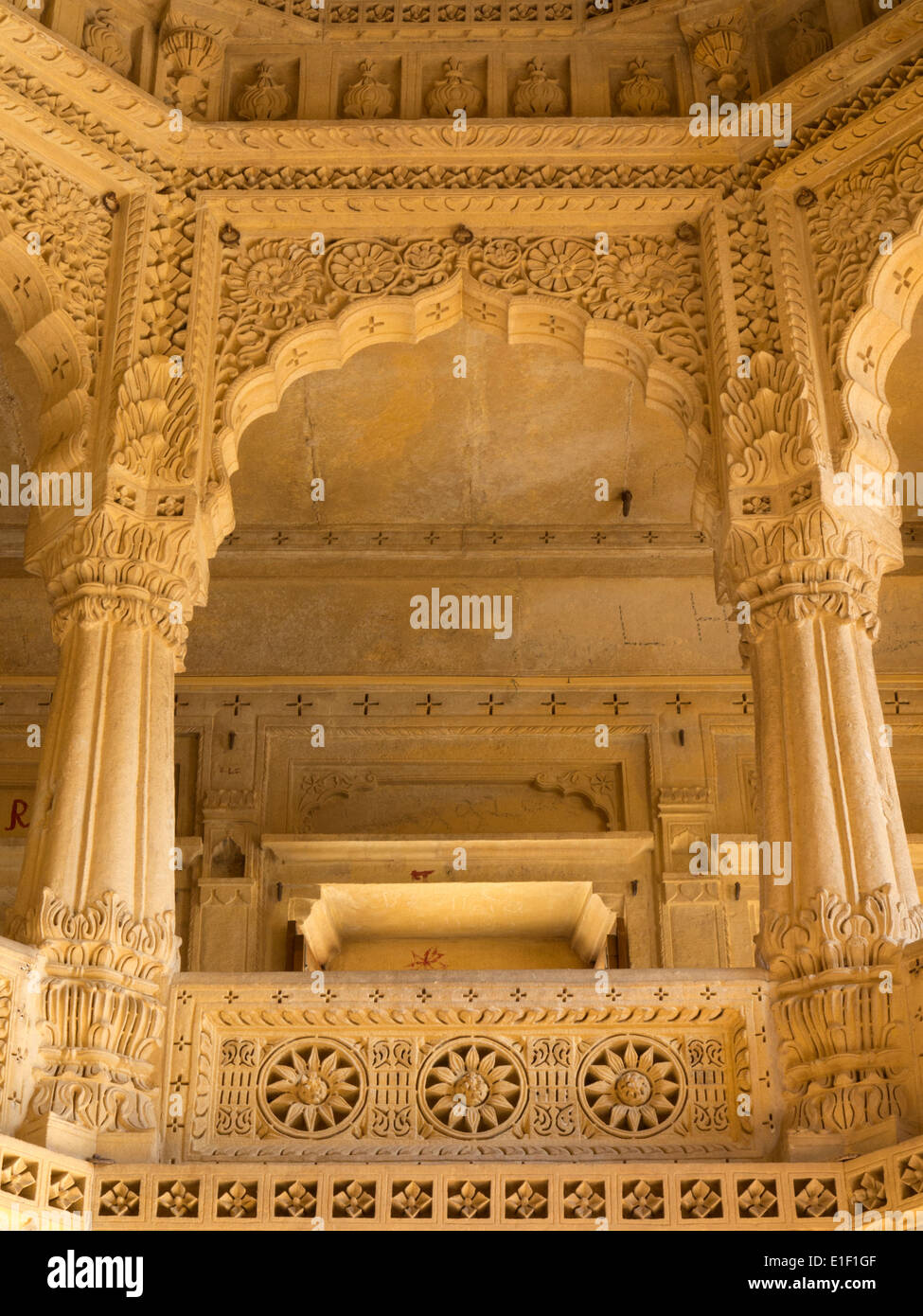 India, Rajasthan, Jaisalmer, Lodurva, Amar Sagar Jain temple interior ...
