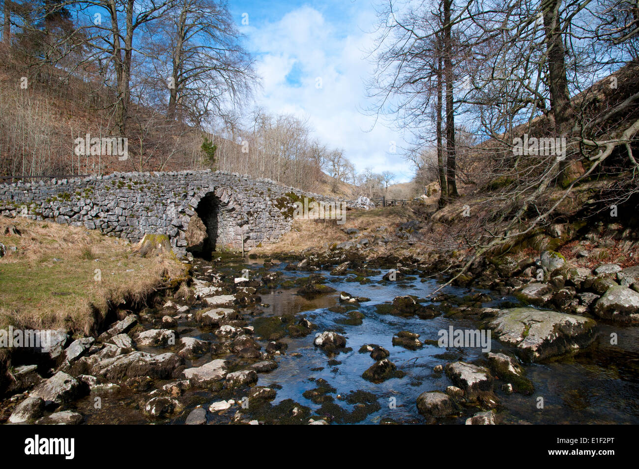 An old stone bridge over Clapham Beck where it exits from Ingleborough ...