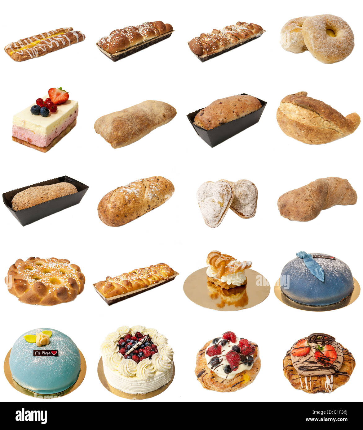 A selection of freshly baked bread, baps and cakes isolated on a white ...