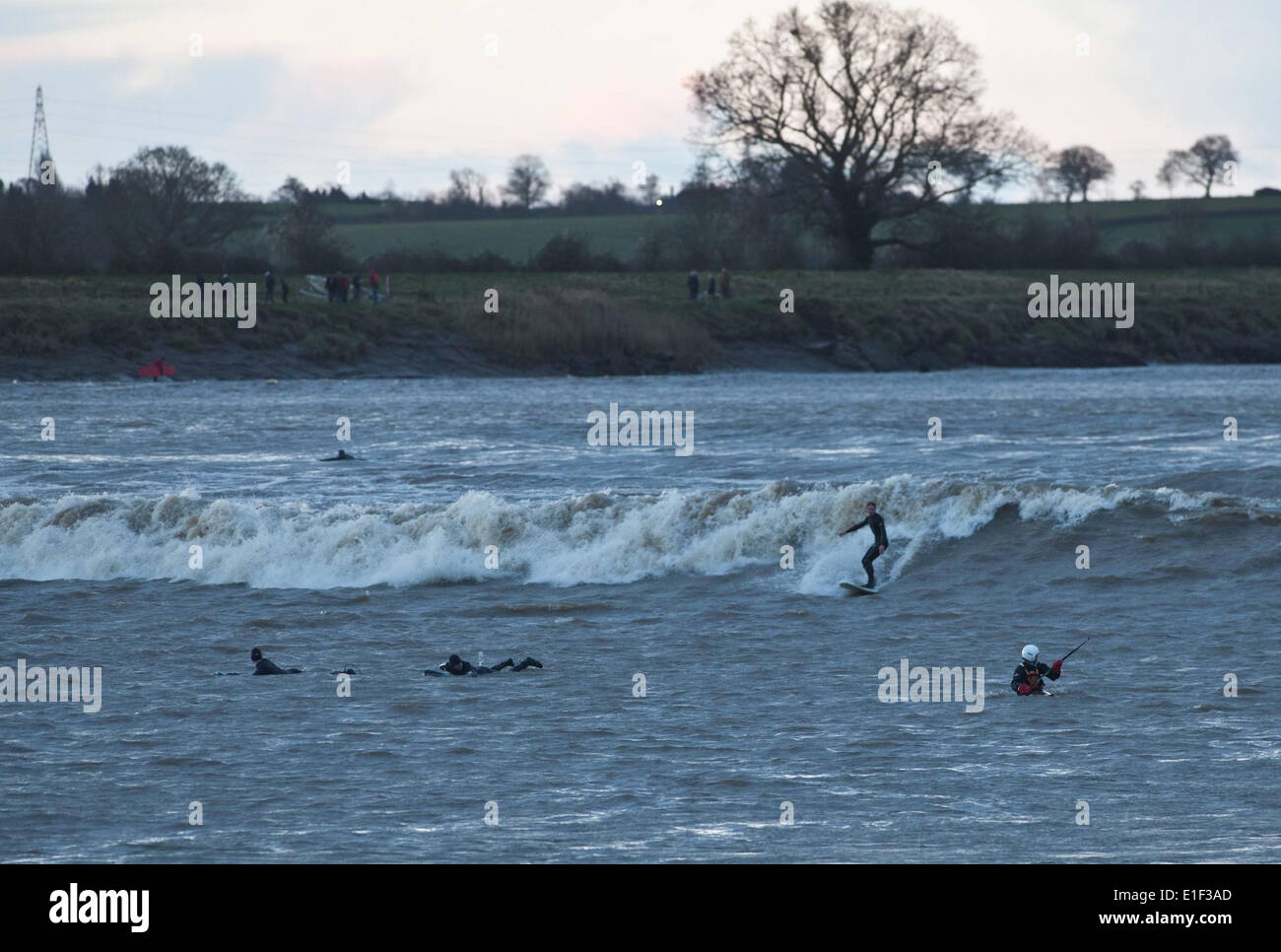 Surfers ride the Severn Bore wave as it passes Newnham in ...