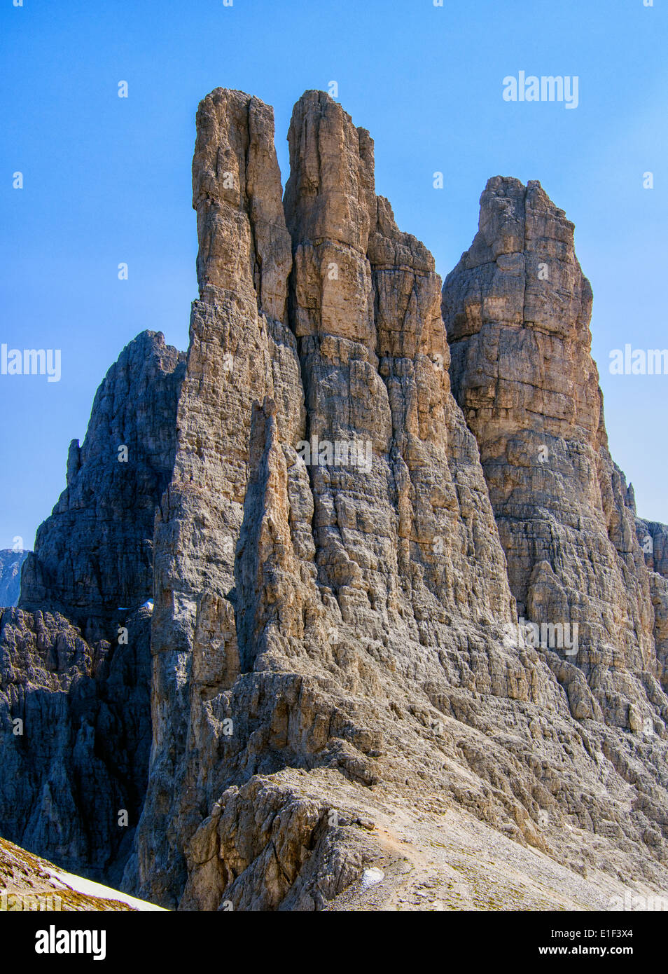 The Towers of Vajolet in the Dolomites in a bright day of Summer Stock ...