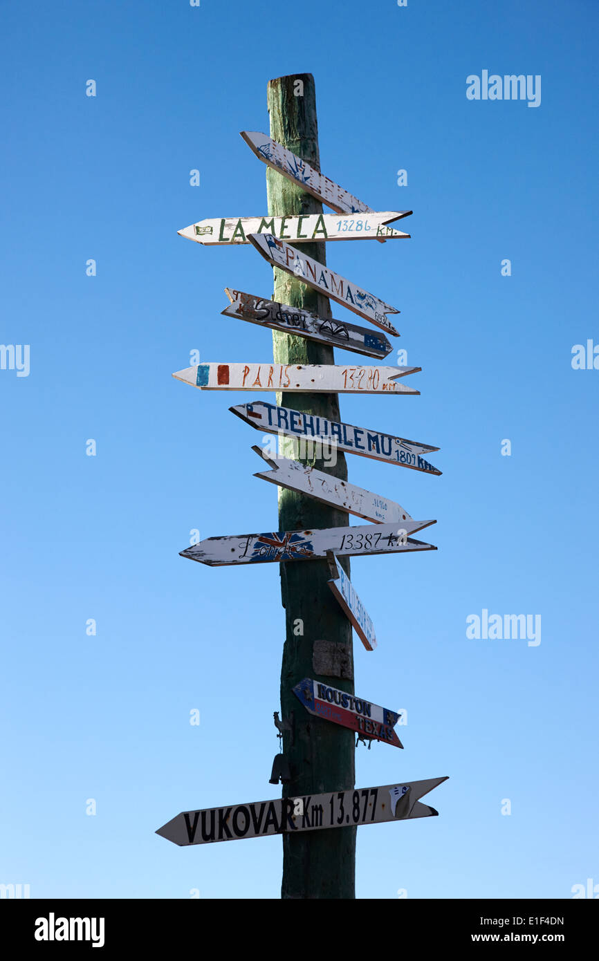 distance marker signposts at la cruz viewpoint in Punta Arenas Chile ...