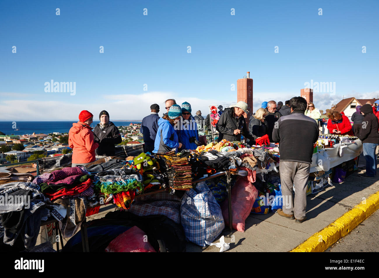 tourists at handicrafts stall at la cruz viewpoint in Punta Arenas ...